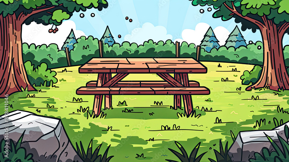 Picnic table illustration cartoon background. Summer fields, hills ...