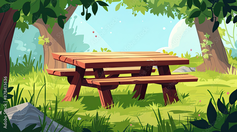 Picnic table illustration cartoon background. Summer fields, hills ...