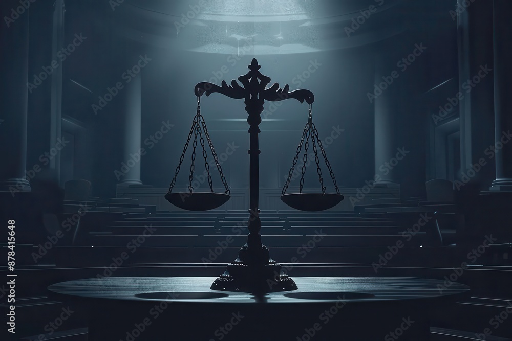 scales of justice in a dark courtroom dramatic law and order concept ...