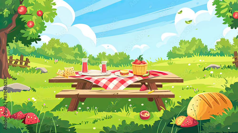 Picnic table illustration cartoon background. Summer fields, hills ...