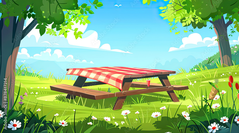 Picnic table illustration cartoon background. Summer fields, hills ...