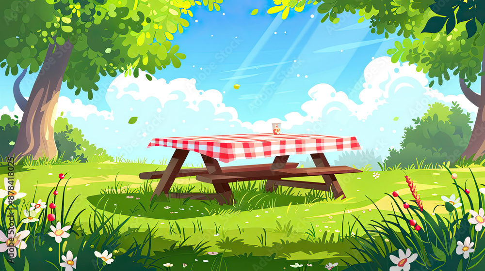 Picnic table illustration cartoon background. Summer fields, hills ...