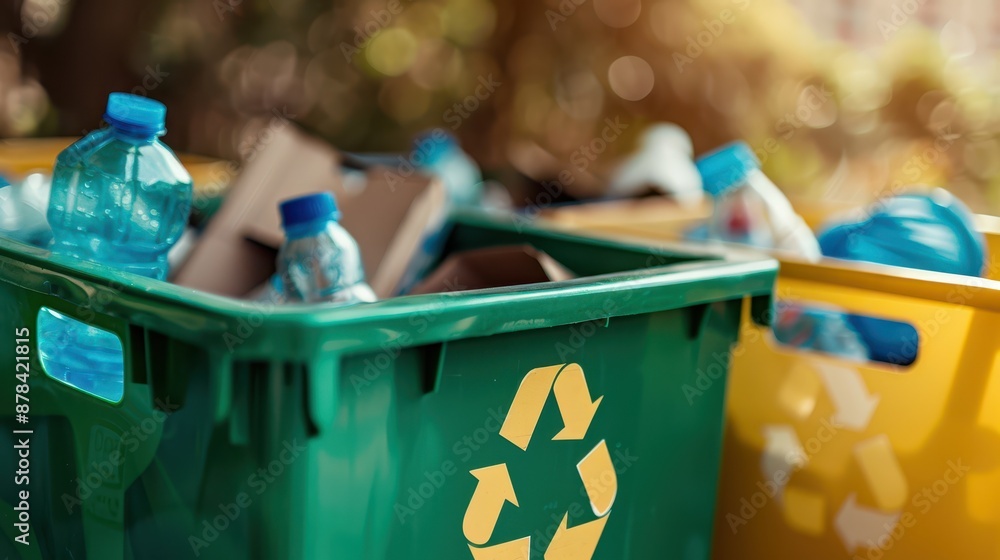 A close-up photograph of a recycling bin for glass bottles, showing the ...