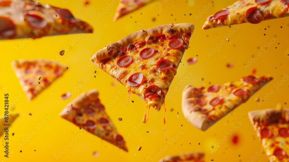 Multiple pepperoni pizza slices falling with melted cheese against a ...