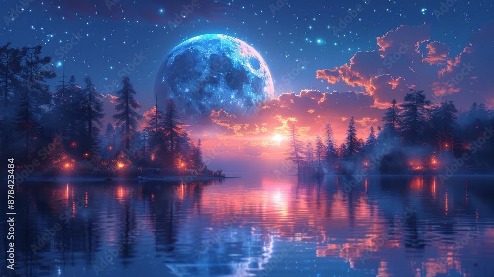 Giant blue moon is rising over a lake, casting a magical glow on the ...