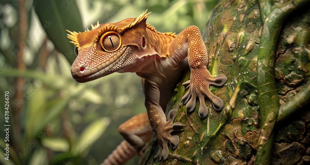 crested gecko climbing a tree, showcasing its realistic skin and ...