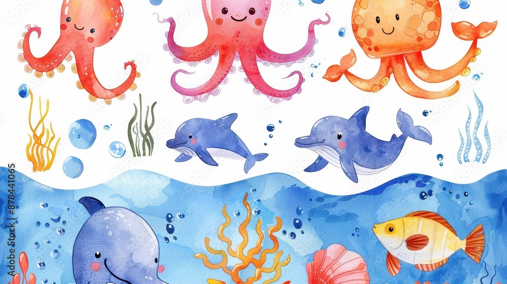 Cute illustration of marine creatures including octopuses, dolphins ...