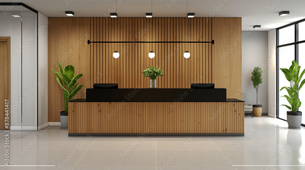 Modern office lobby with wooden panel walls, a sleek reception desk ...