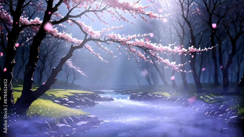 Sakura tree by the riverside with light beams and misty fog in seamless ...