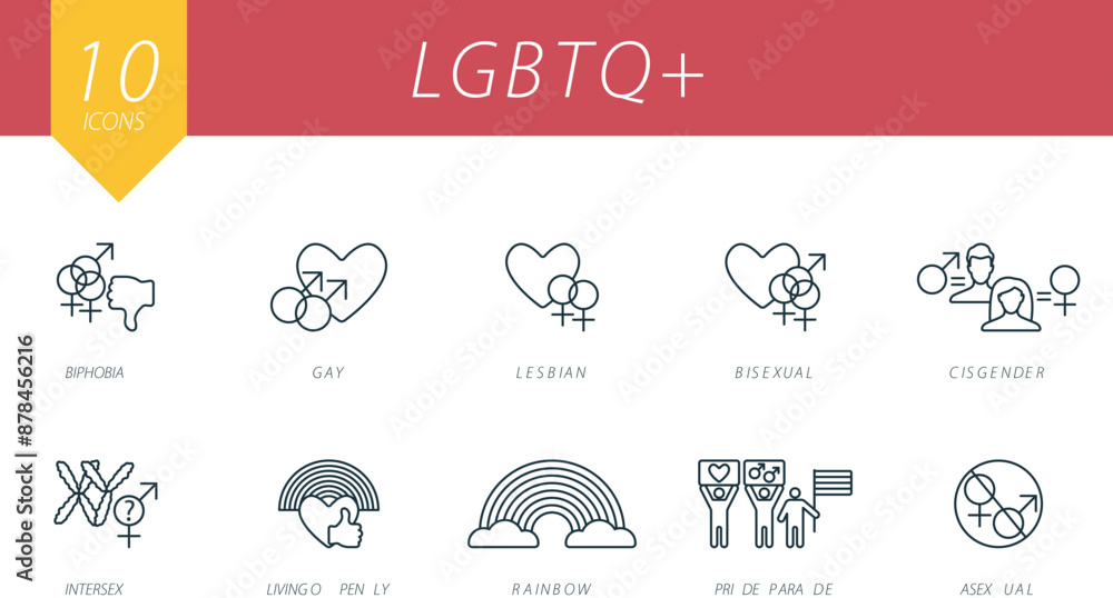 LGBTQ plus icons outline icons set. Creative icons: biphobia, gay ...