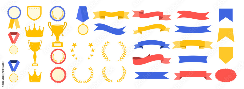 Set of flags, medals, cups, crowns. Reward for victory. Vector ...