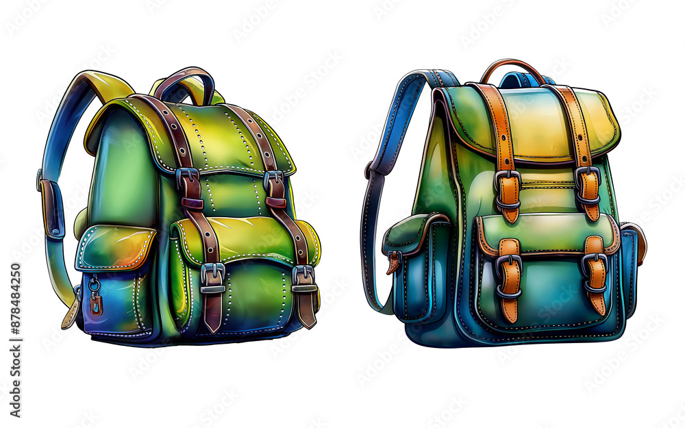Colorful school backpacks with straps. Set of green travel bags. Back ...