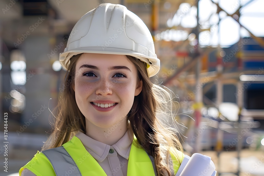Young female civil engineering student, wearing a white safety helmet ...
