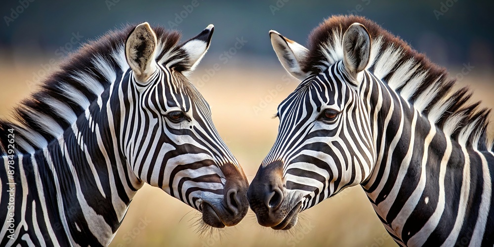 Two zebras nuzzle each other gently their heads touching in a display ...