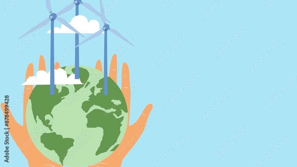 Video animation of hand holding Earth globe, clouds, Wind power plant ...