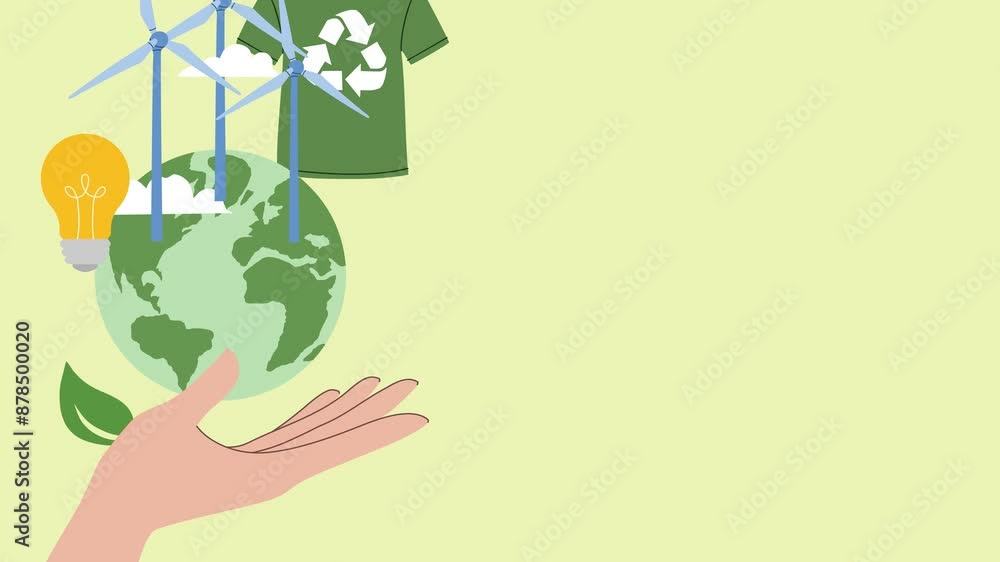Video animation of human hand holding Earth globe, wind power plant ...