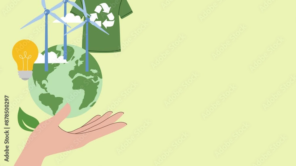 Video animation of human hand holding Earth globe, wind power plant ...