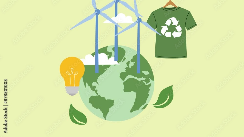 Video animation of Earth globe, wind power plant, light bulb, recycling ...