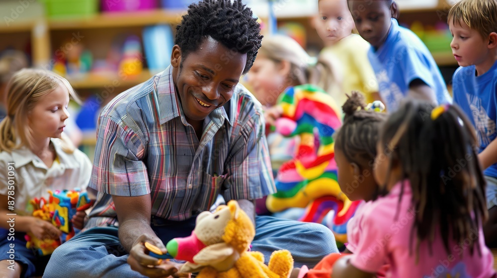 A teacher using puppets to teach a lesson to young children Stock Photo ...