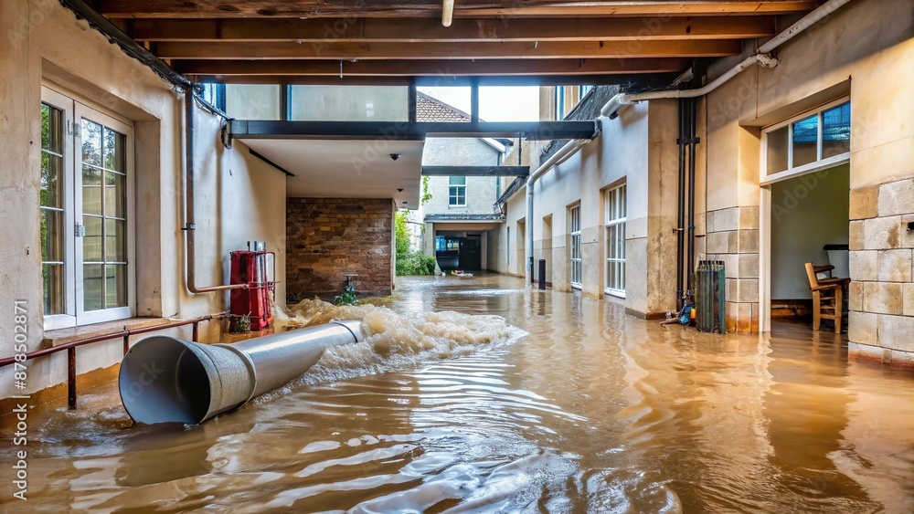 Mopping up deep floodwater Flooding after a burst water pipe, pipe ...