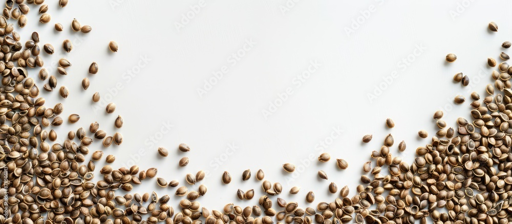 Top-down view of hemp seeds on a clean white surface, suitable for ...
