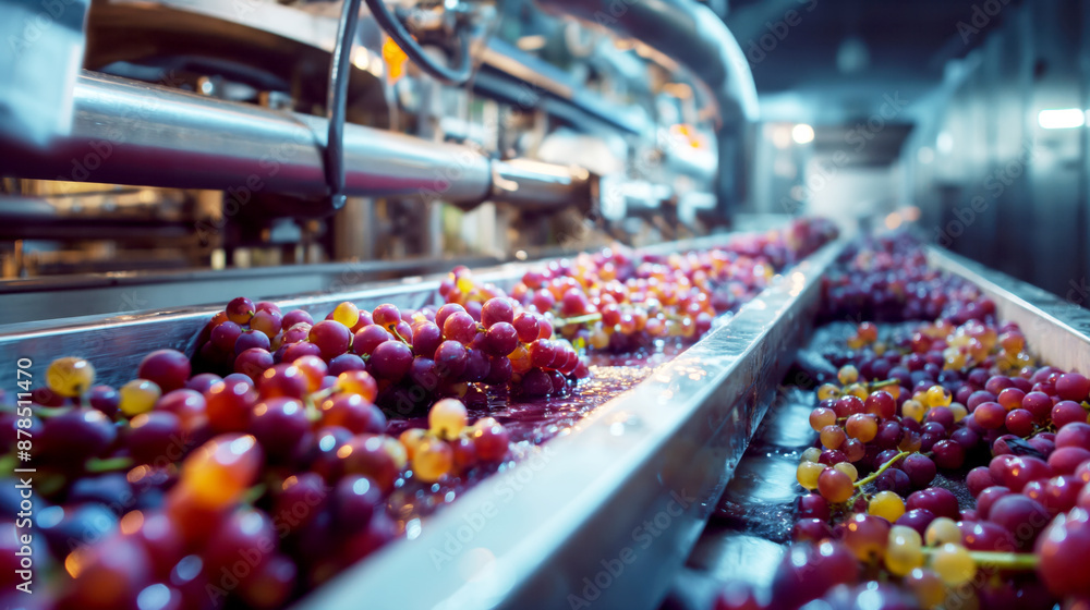 Grapes on a modern food processing conveyor belt in an industrial ...