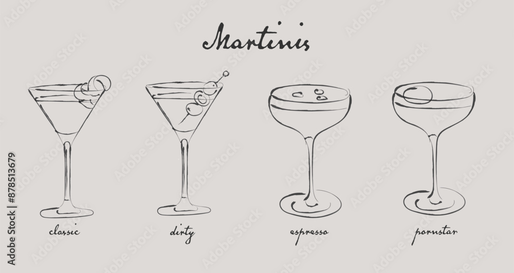 Types of martinis line art, cocktails, drinks, beverages, bar menu ...