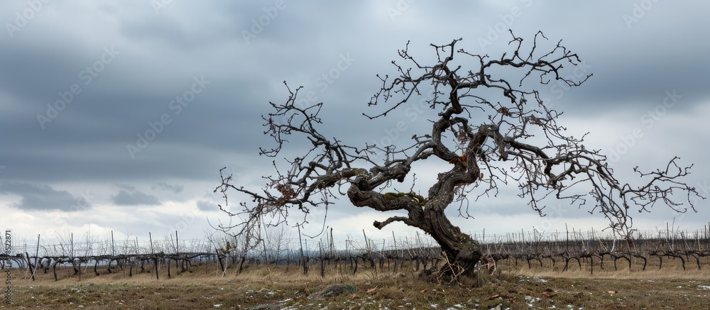 Late in the winter, a vineyard displays an aged, barren fruit tree with ...