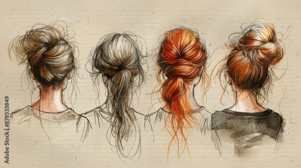 Artistic illustration featuring the back view of three women with ...