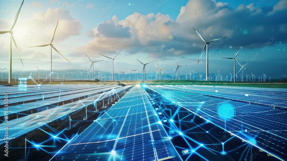 A renewable energy farm with rows of solar panels and wind turbines ...
