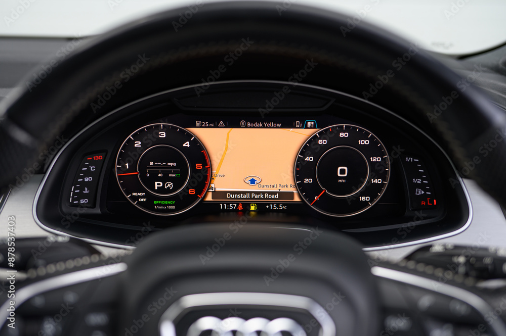 Digital Car Dashboard Display with Navigation, Speedometer, and Rev ...