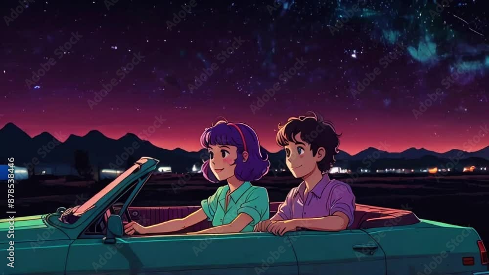 Lofi couple enjoy a date at a drive-in movie theater, watching an ...