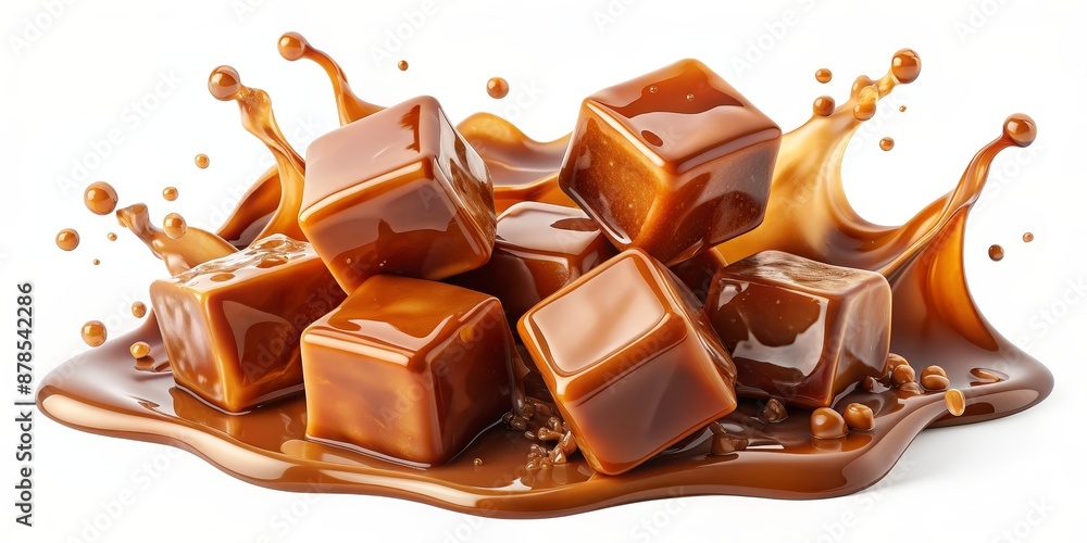 Caramel Cubes Splashing in a Pool of Liquid Caramel, 3D Render, Food ...