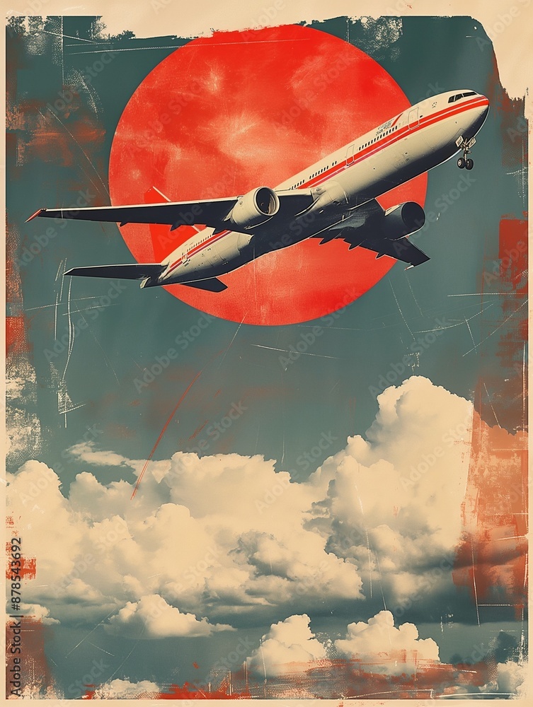 Vintage 1980s aircraft poster with a bold color scheme and minimalistic ...