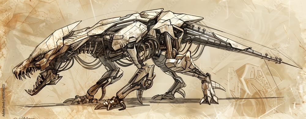 Futuristic robotic dinosaur with metallic armor and gears, resembling a ...