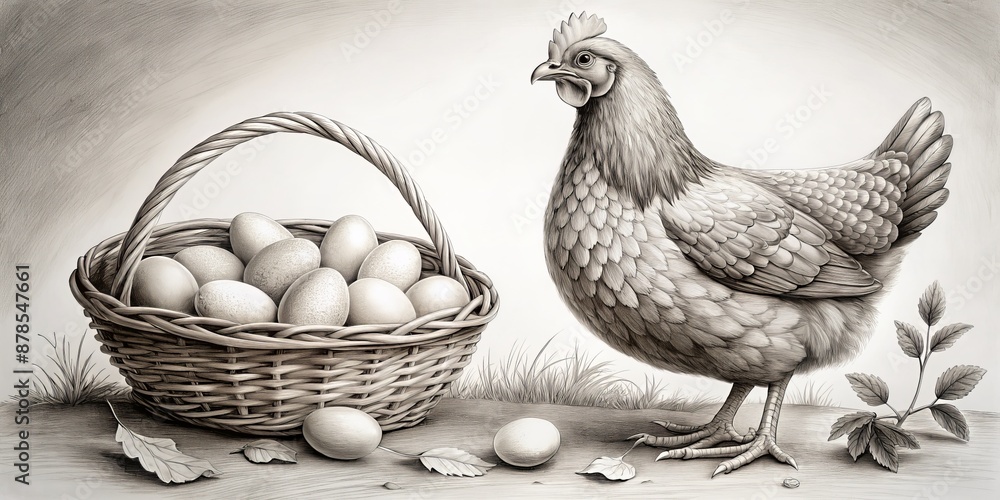 Hen's Bounty A Pencil Drawing of a Hen with a Basket of Eggs and Two ...