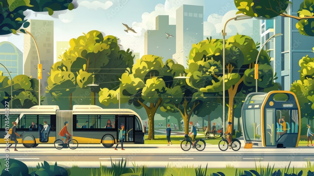 Sustainable urban design featuring electric buses, bikes, and walking ...