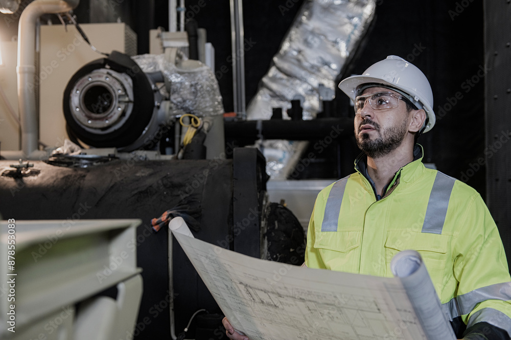 workers in factory. engineer work in Industrial chiller HVAC heating ...
