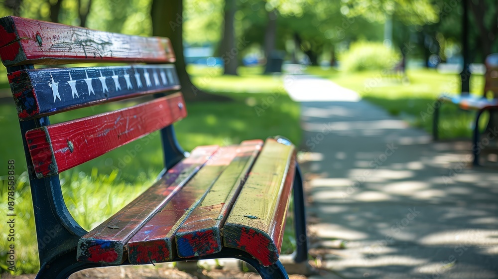 Patriotic Bench in a Park - A red, white, and blue painted bench with ...