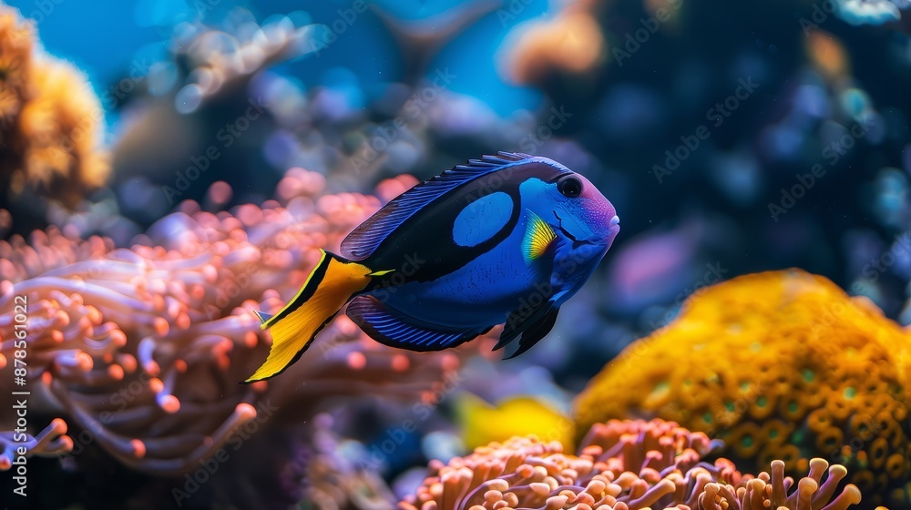 A Blue Tang Fish Swimming in a Vibrant Coral Reef - A blue tang fish ...