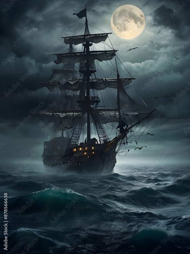 scary flying dutchman ghost ship, the ship's sails are torn to shreds ...