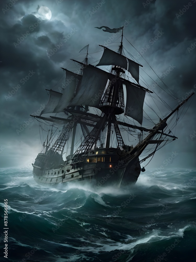 scary flying dutchman ghost ship, the ship's sails are torn to shreds ...