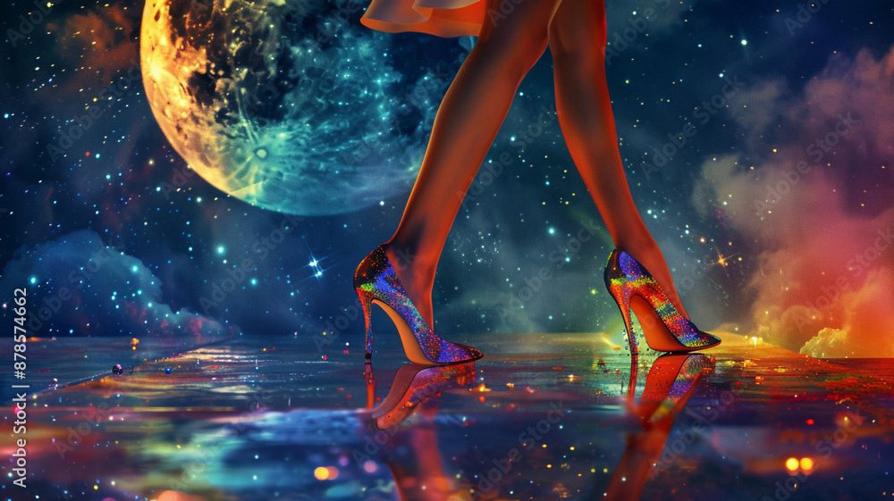 Foto de An elegant model gliding down a fashion ramp with a full moon ...