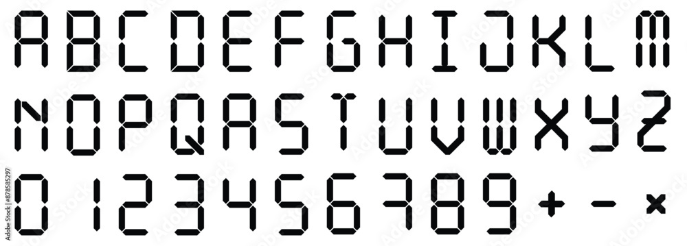 Digital display font. Alarm clock letters and numbers, electronic ...