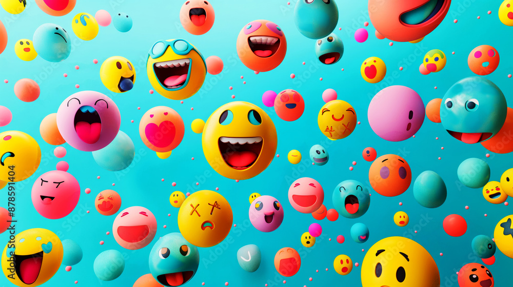 Colorful 3D illustration of a variety of floating emoji faces ...