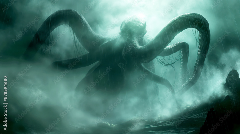 ภาพประกอบสต็อก Giant octopus rises from a stormy sea under a dark, rain ...