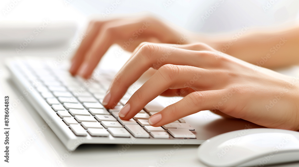 Close-up of hands on a keyboard of a desktop computer or laptop being ...