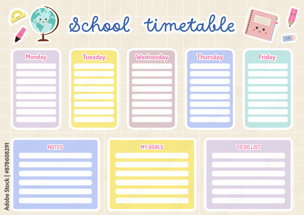 School timetable for kids, educational schedule, weekly planner ...