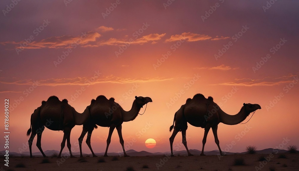 silhouettes of camels moving side by side in the desert at dramatic ...