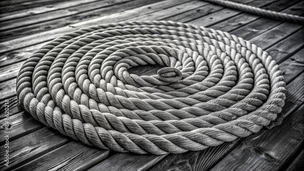 Weathered rope coiled neatly on worn wooden dock, evoking nostalgic ...